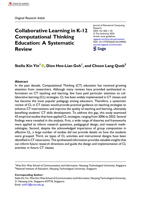 Pdf Collaborative Learning In K 12 Computational Thinking Education A Systematic Review