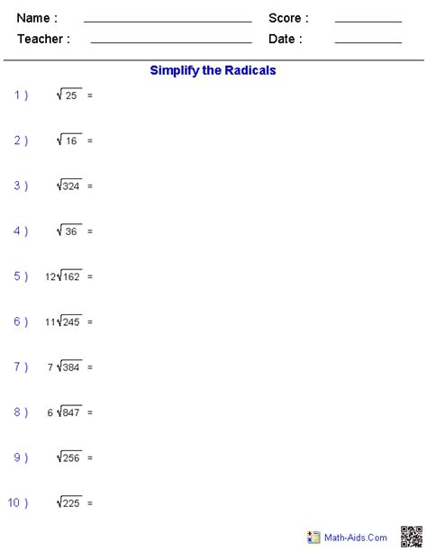 Simplifying Radicals Worksheets Simplifying Radicals Mathematics