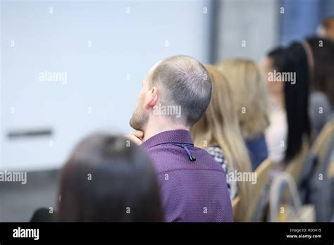 Rear View Business Team Listening To The Speaker Stock Photo Alamy