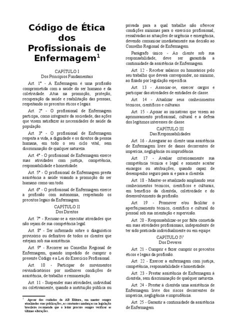 Código De Ética Dos Profissionais De Enfermagem Download Grátis Pdf