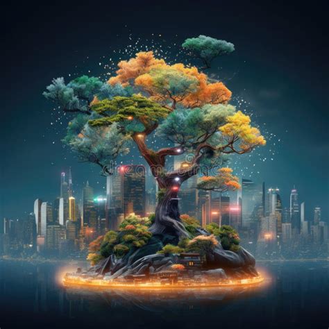 Digital Tree With Sprouts And Binary Code In Glowing Futuristic Style Stock Illustration
