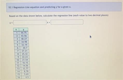 Solved 10 1 Regression Line Equation And Predicting Y For A