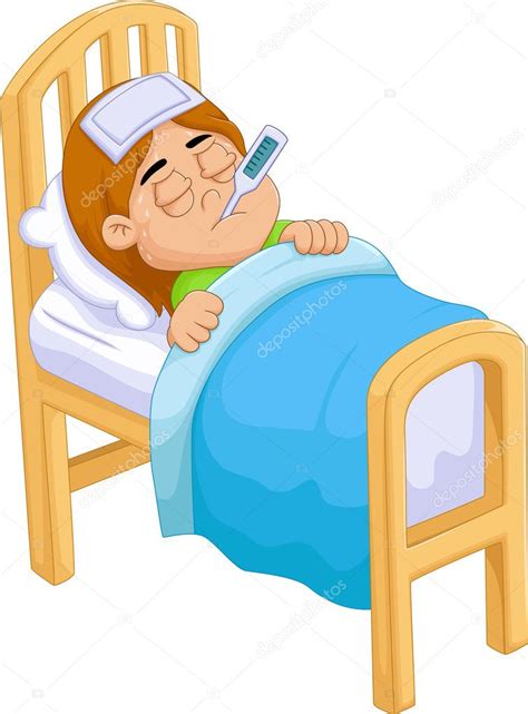 niña enferma de dibujos animados en la cama Foto de stock