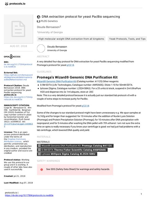 Pdf Dna Extraction Protocol For Yeast Pacbio Sequencing V1