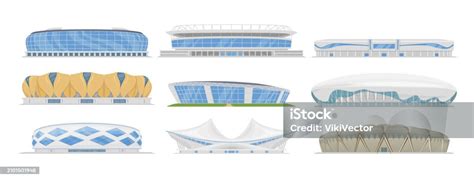스포츠 경기장 외관 현대 도시 경기장 외관 세트 아이소 메트릭 벡터 일러스트 레이 션 스타디움에 대한 스톡 벡터 아트 및 기타