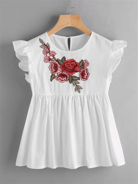 Embroidered Applique Frill Trim Keyhole Back Smock Top Stylish