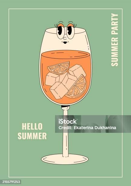 그루비 캐릭터 Aperol Spritz 복고풍 포스터 안녕하세요 여름과 술과 함께 여름 파티 카페 바 또는 칵테일 라운지 전단지