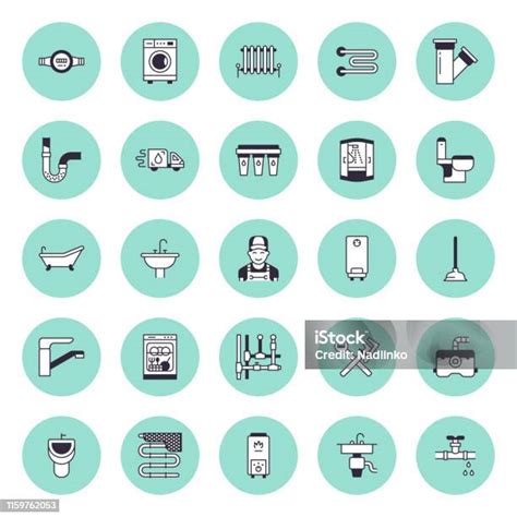 배관 서비스 벡터 플랫 라인 아이콘입니다 집 욕실 장비 수도꼭지 화장실 파이프 라인 세탁기 식기 세척기 배관공 수리 그림 핸디 서비스를위한 얇은 선형 표지판 배수구에 대한