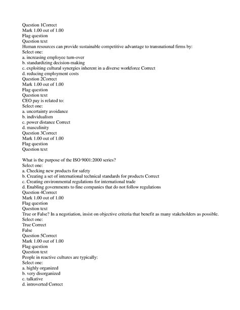 BUS 2207 Multinational Management Review Quiz Question 1Correct Mark