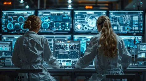 laboratory scientists analyzing data on multiple screens in modern lab