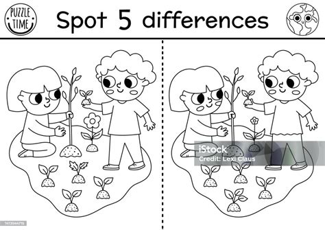 차이점 게임을 찾으십시오 귀여운 소년과 소녀가 나무를 심는 생태 학적 흑백 교육 활동 아이들을위한 지구 데이 라인 퍼즐 에코