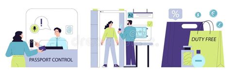 People In The Airport Set Characters With A Suitcase Checking In On A Flight Stock Vector