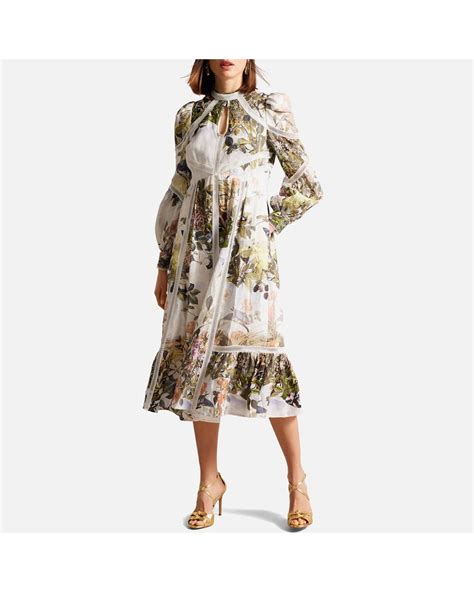 Ted Baker Maylily High Neck Floral Print Linen Midi Dress In Natural Lyst