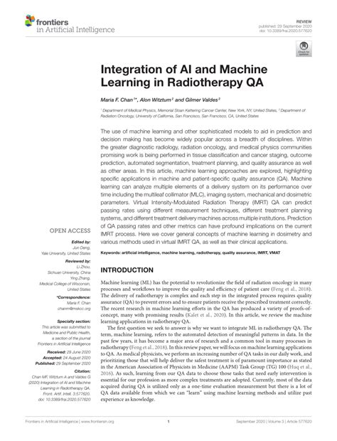 PDF Integration Of AI And Machine Learning In Radiotherapy QA