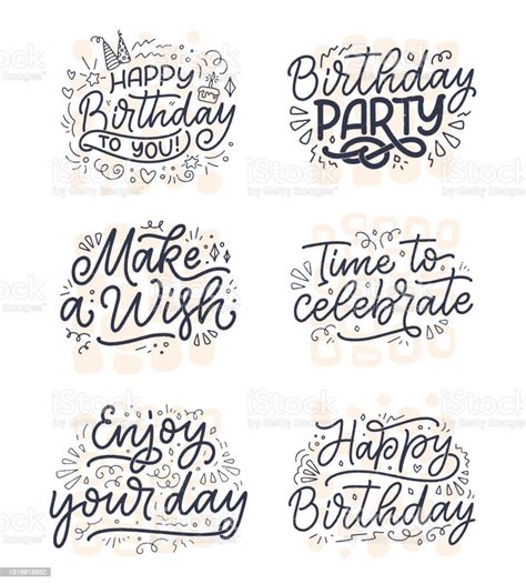 생일 축하를 위한 레터링 슬로건으로 설정 기프트 카드 포스터 및 인쇄 디자인을 위해 손으로 그린 문구 현대 서예 축하 텍스트 벡터 개념에 대한 스톡 벡터 아트 및 기타
