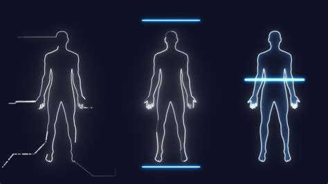 미래 지향적 인 터치 스크린 인터페이스에서 인간 남성 해부학 스캔 분석은 뼈 장기 및 신경망 활동을 보여줍니다 개념 의학 및