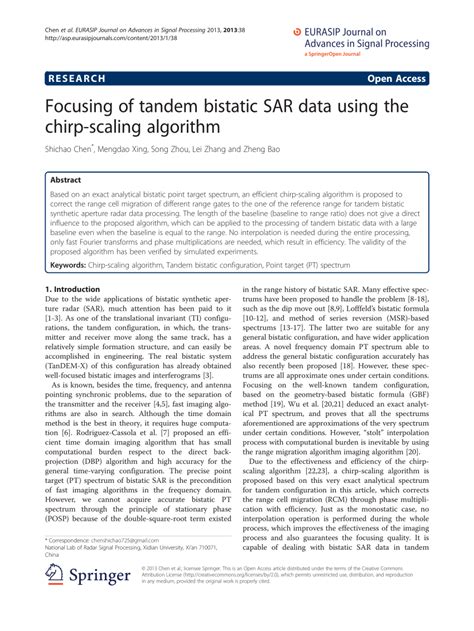 Pdf Focusing Of Tandem Bistatic Sar Data Using The Chirp Scaling Algorithm