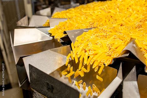 Pasta Factory Close Up Of Raw Pasta On Machines And Conveyor Pasta