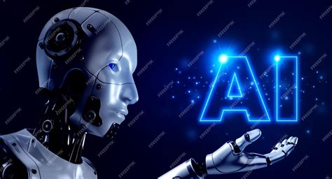 クローズ アップ 3 D レンダリング ヒューマノイド ロボットの肖像画 Ai 技術を保持している青の背景に輝くホログラム テキスト未来的な