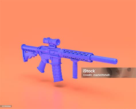 플라스틱 무기 시리즈 M4 스파이크 전체 자동 소총 분홍빛이 도는 배경의 인디고 블루 암 3d 렌더링 전쟁 전투 및 자기 보호 1 인칭 슈팅 게임 아이템 총에 대한 스톡