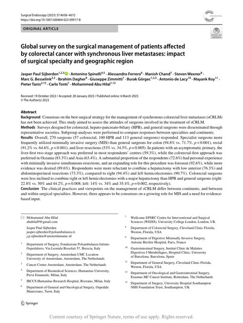 Pdf Global Survey On The Surgical Management Of Patients Affected By Colorectal Cancer With