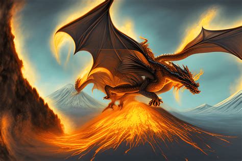 Beautiful Dragon Flying Over Erupting Volcano Creative Fabrica