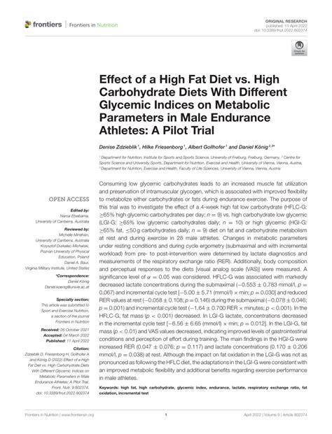 Pdf Effect Of A High Fat Diet Vs High Carbohydrate Diets With