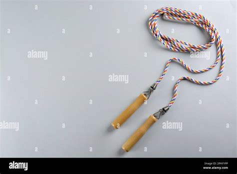 Skipping Rope On Light Grey Background Top View Space For Text Stock