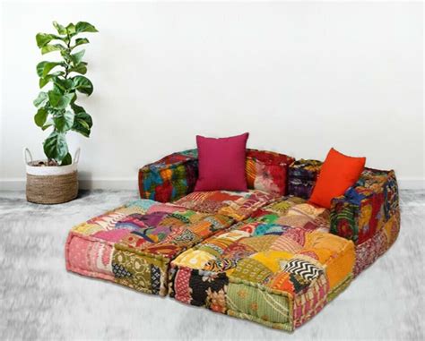 Indian Handmade Vintage Luxury Sofa Kantha Patchwork Floor Sofa