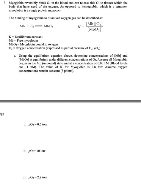 Solved Myoglobin Reversibly Binds O2 In The Blood And Can