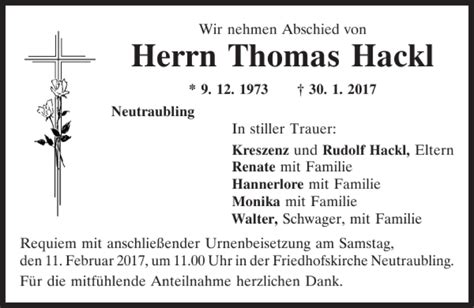 Traueranzeigen Von Thomas Hackl Mittelbayerische Trauer