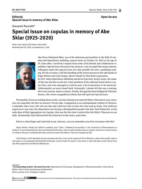 PDF Special Issue On Copulas In Memory Of Abe Sklar 1925 2020