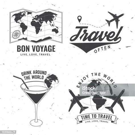 여행 배지 세트 여행 영감 따옴표와 지구 비행기 여행 가방 및 칵테일 실루엣 벡터 그림입니다 여행 포스터 타이포그래피에 대한 동기 부여 로고에 대한 스톡 벡터 아트 및 기타