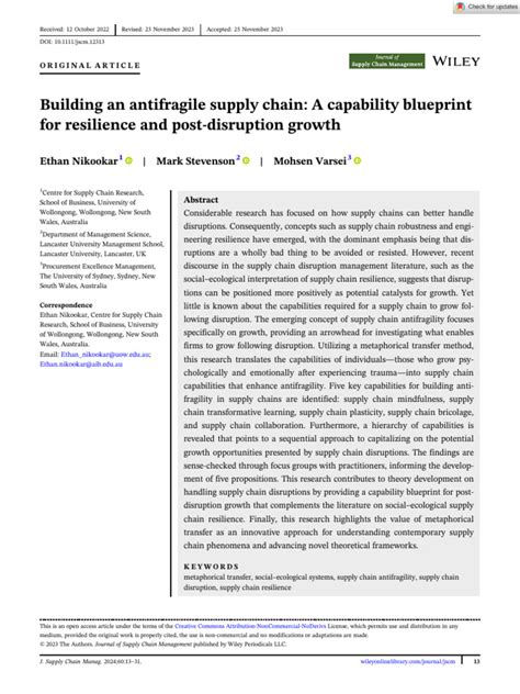 J Supply Chain Manag 2024 Nikookar Building An Antifragile Supply Chain A Capability