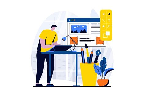 평면 만화 디자인에서 사람들이 장면을 포함하는 Ui Ux 디자인 개념 그래픽 태블릿에서 그림을 그리는 남자 일러스트레이터는 웹용