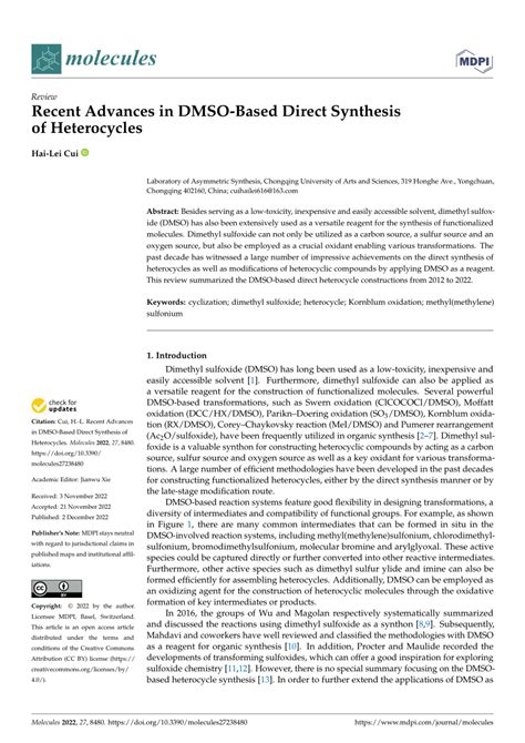Pdf Recent Advances In Dmso Based Direct Synthesis Of Heterocycles
