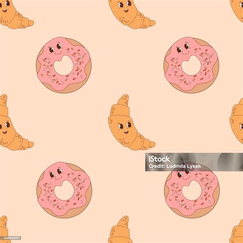 복고풍 완벽 한 패턴입니다 그루비 귀여운 만화 도넛과 밝은 노란색 배경에 크로와상 벽지 디자인 섬유 포장 장식 아이 컬렉션에 대 한 벡터 일러스트 레이 션 0명에 대한 스톡