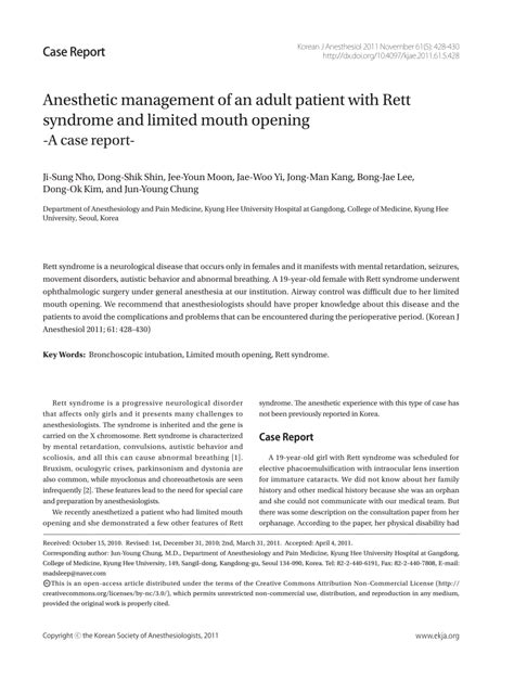 Pdf Anesthetic Management Of An Adult Patient With Rett Syndrome And