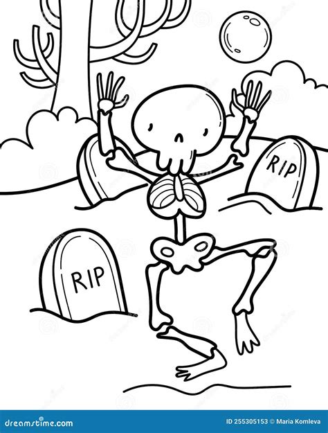 Vector Illustration With Skeleton On The Cemetery Coloring Page With
