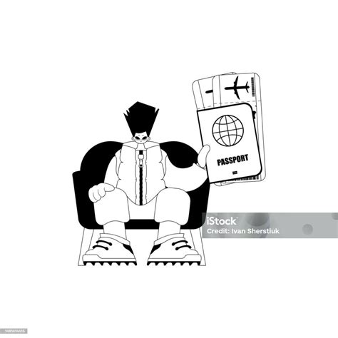 그 사람은 티켓에서 볼 수 있는 모든 포괄적인 신분증을 소지하고 있습니다 관광 과목 슬프고 하얀 선의 장인 정신 트렌디한 스타일 벡터 일러스트레이션 개념에 대한 스톡 벡터