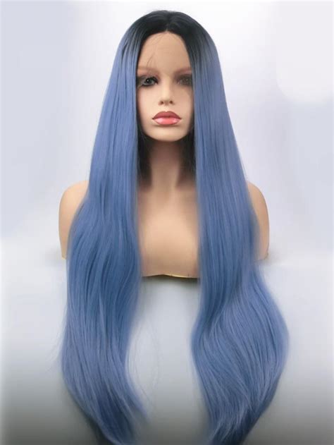 Pastel Blue Dark Root Long Straight Synthetic Lace Front Wig
