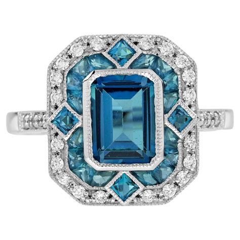 London Blue Topaz Emerald Diamond Art Deco Style Celebrate 14k White