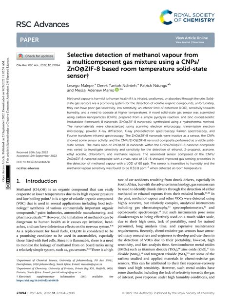 Pdf Selective Detection Of Methanol Vapour From A Multicomponent Gas Mixture Using A Cnps Zno