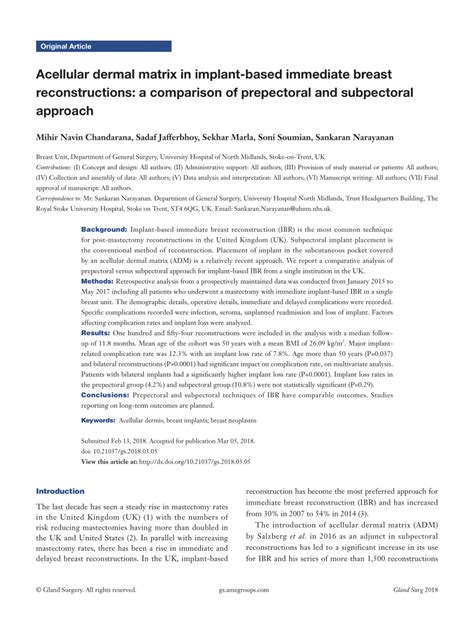 Pdf Acellular Dermal Matrix In Immediate Breast Reconstruction Comparison Between Pre And Sub