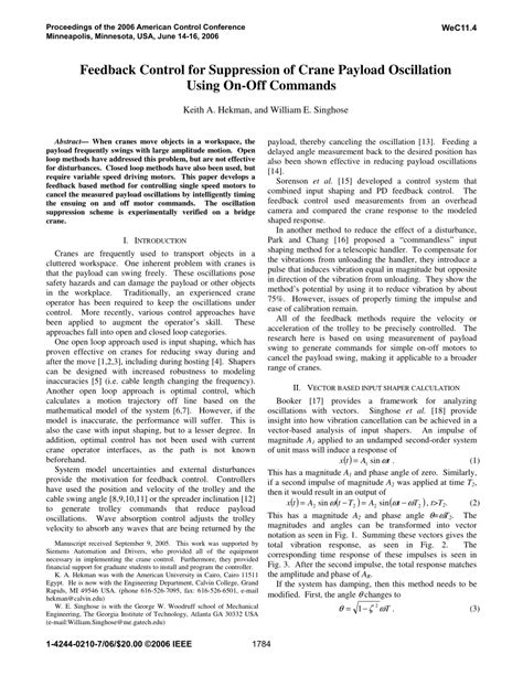 Pdf Feedback Control For Suppression Of Crane Payload Oscillation