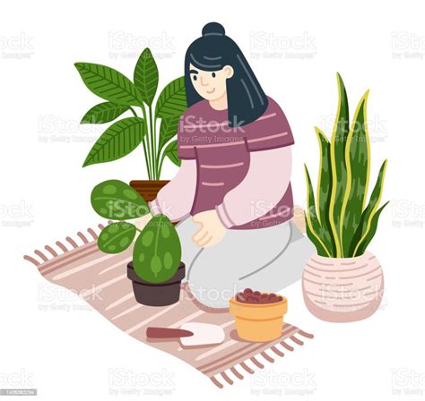 관엽 식물을 심는 젊은 여성 소녀는 식물을 심고 물을주고 화분이있는 꽃이나 허브를 키우고 돌 봅니다 개념에 대한 스톡 벡터 아트