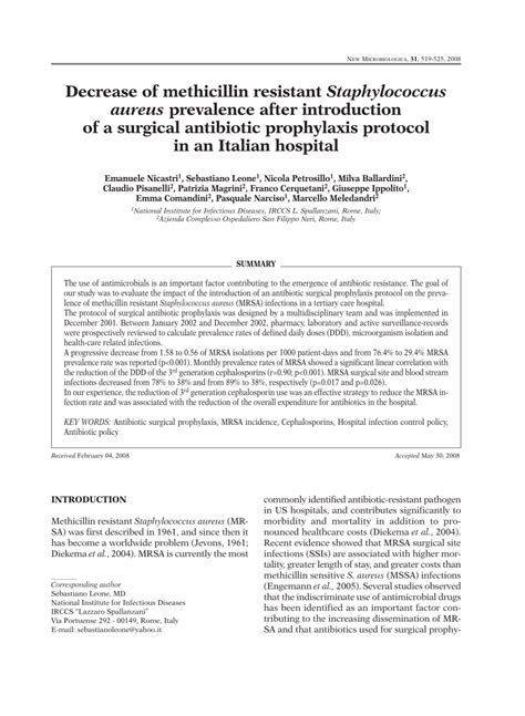 Pdf Decrease Of Methicillin Resistant Staphylococcus Aureus Prevalence After Introduction Of A
