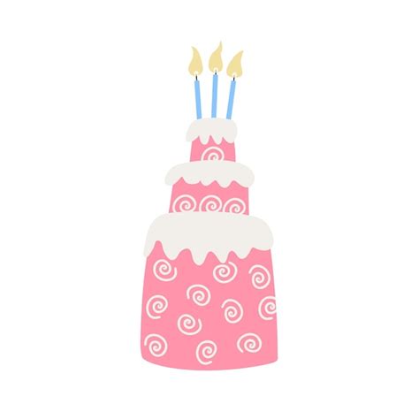 흰색 배경에 고립 된 불타는 촛불 생일 핑크 케이크 프리미엄 벡터