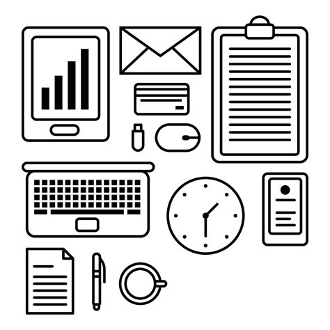 Office Object Outline Icon Set On White Background Vector Art