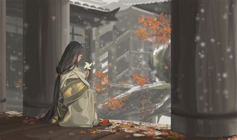 Safebooru 1girl Architecture Autumn Leaves Black Hair Closed Eyes Day